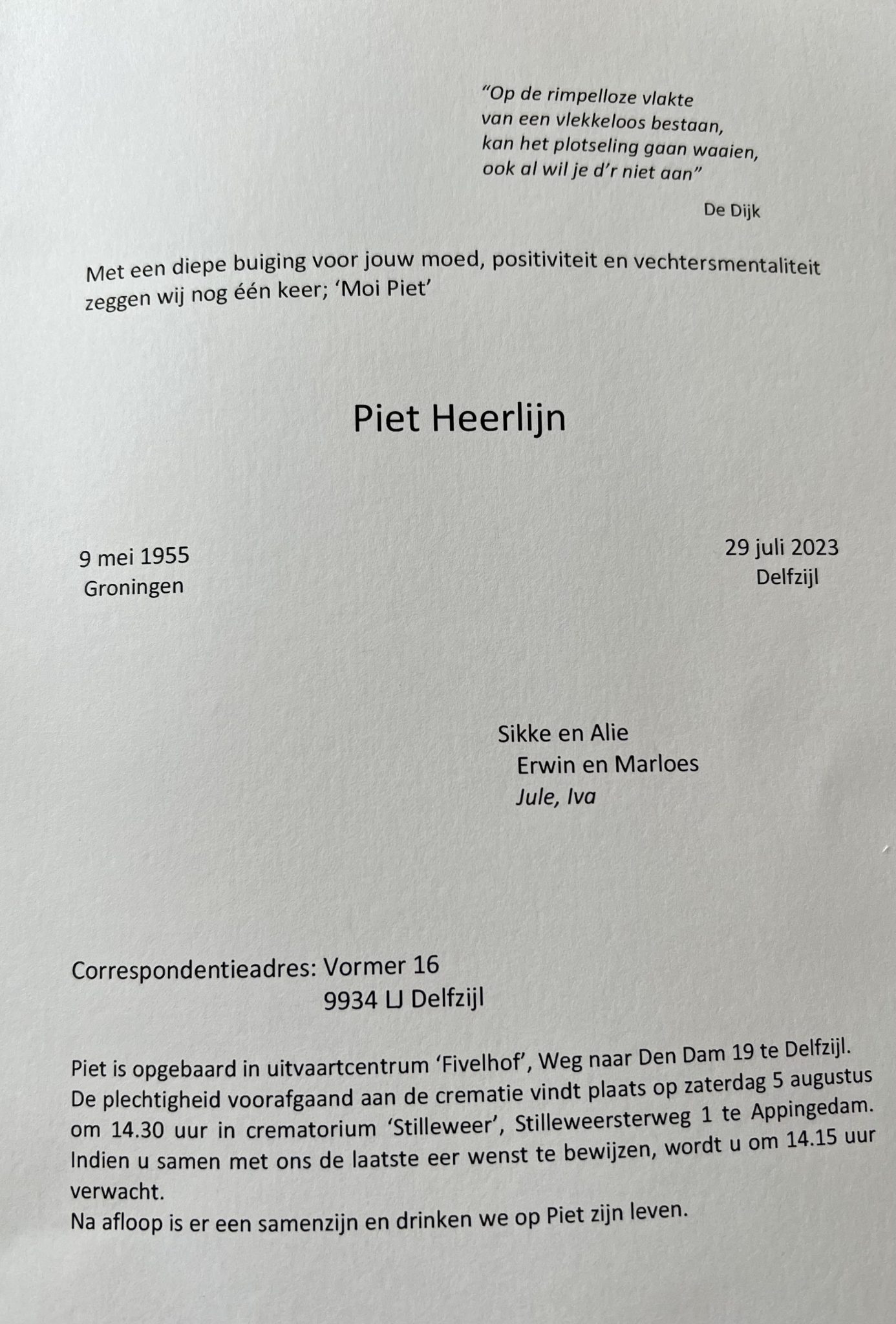 Bericht van overlijden | NEC Delfzijl